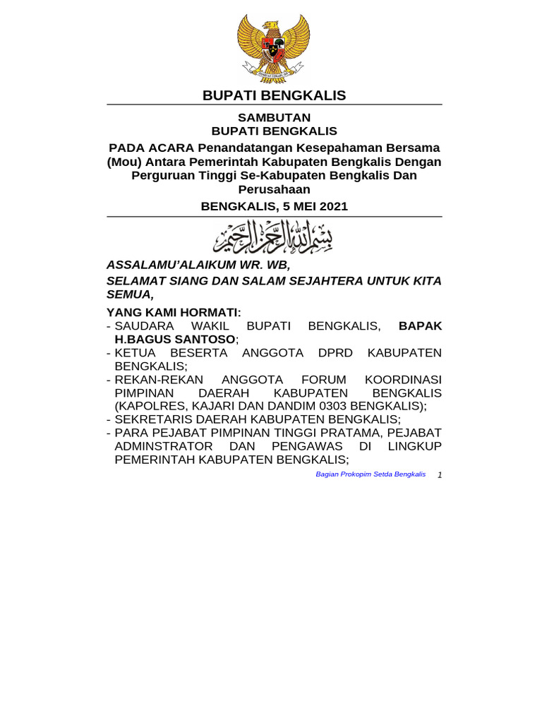 Mei Pidato Bupati Mou Perguruan Tinggi Dan Perusahaan | PDF