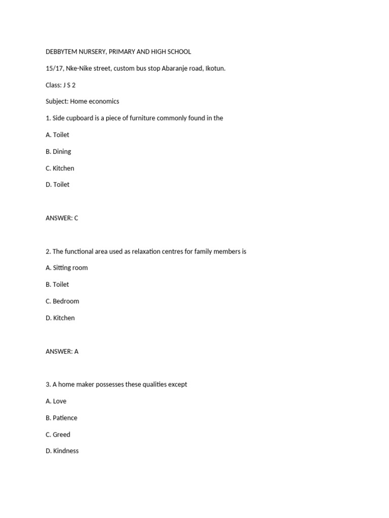 Home Economics Quiz for JS2 Students | PDF | Fish | Curtain