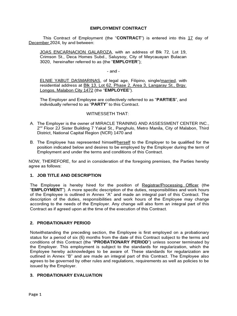 Registrar Employment Contract for Elnie | PDF | Employment | Salary