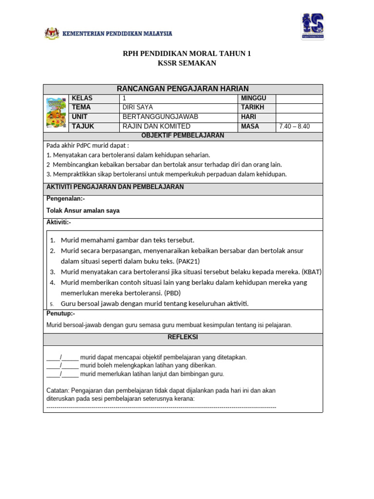 RPH Pendidikan Moral Tahun 1 | PDF