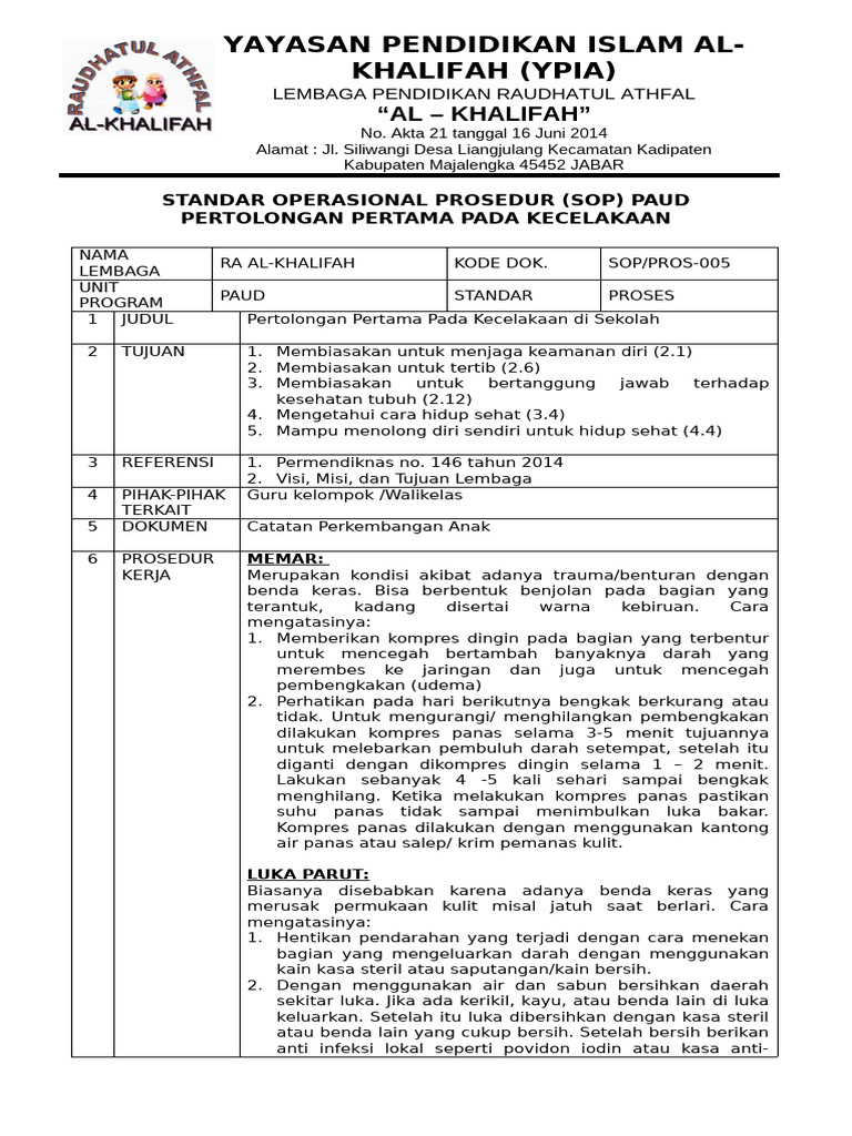 5 Sop Paud Pertolongan Pertama Pada Kecelakaan | PDF