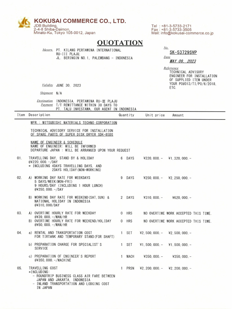 MFR. Quotation For Engineer Mitsubishi Materials Techno - Pertamina Plaju | PDF
