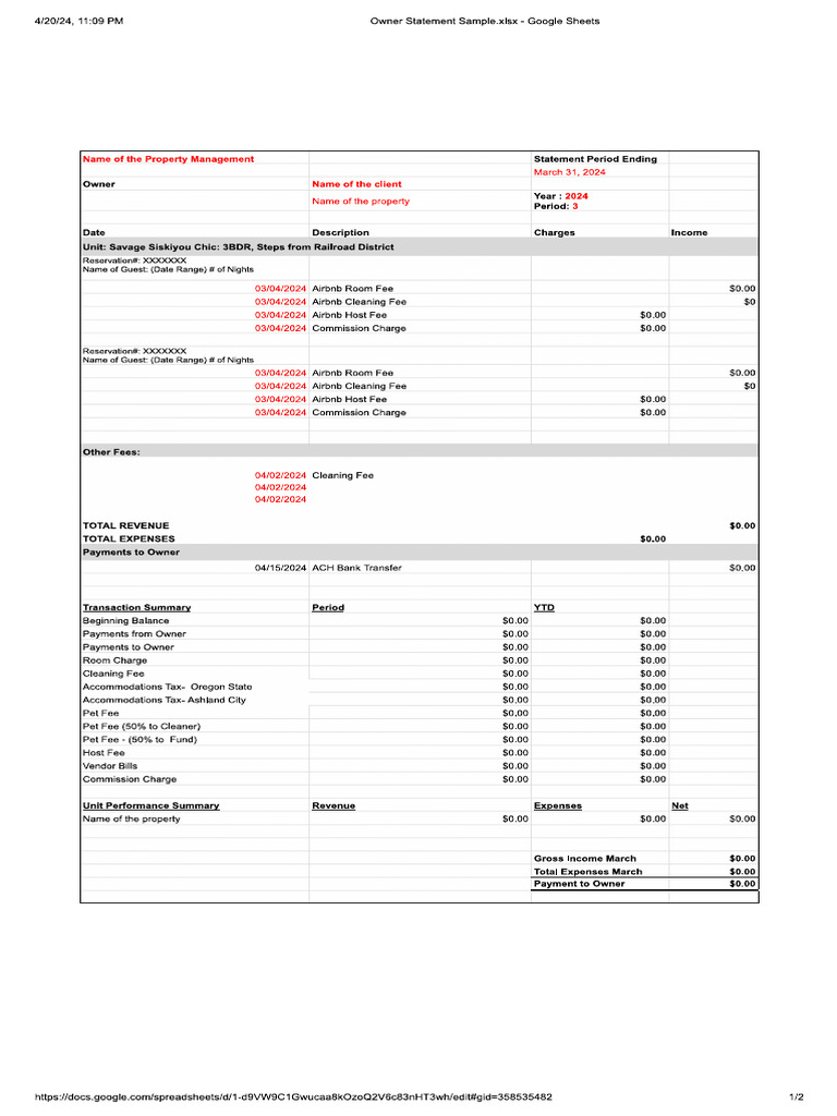 Sample Owner Statement For Property Manger's Client | PDF