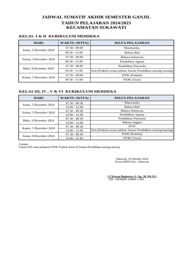 Jadwal Sumatif Akhir Semester Ganjil 2024-2025 Kec Sukawati | PDF