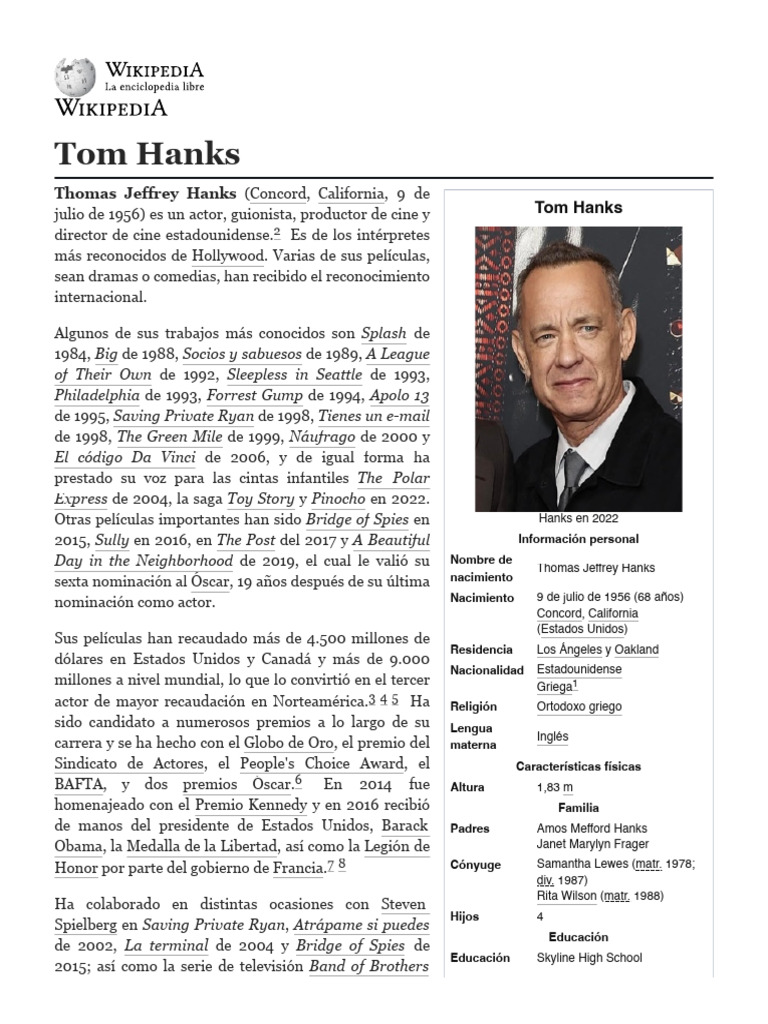 Tom Hanks - Wikipedia, la enciclopedia libre | PDF