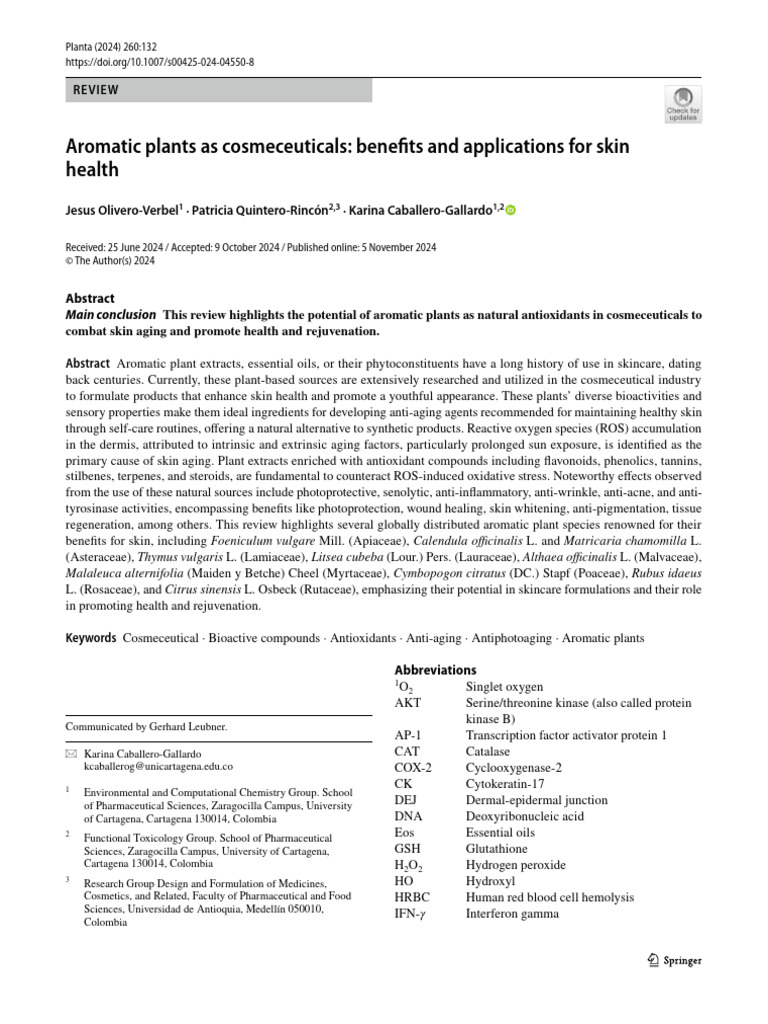 Aromatic Plants As Cosmeceuticals Benefits and Applications For Skin Health | PDF | Sunscreen ...