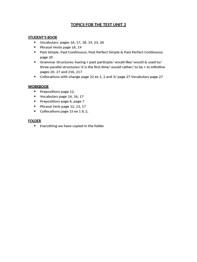 Unit 2 Test Topics Overview | PDF