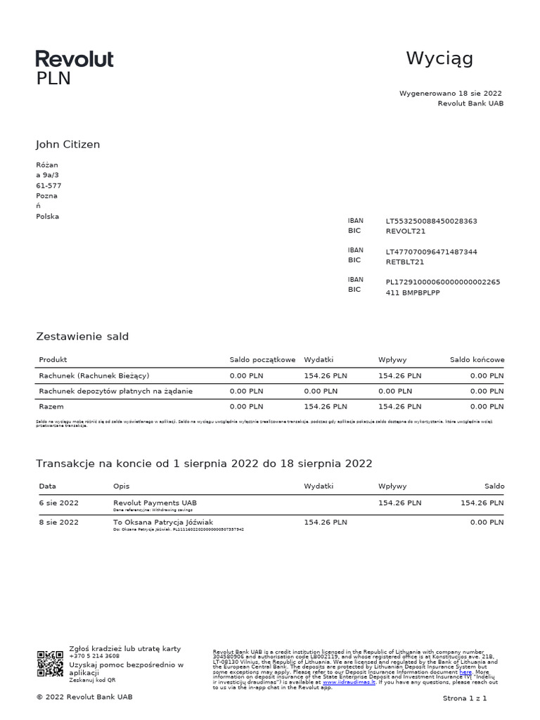 Poland Revolut Bank Statement Word and PDF Template | PDF