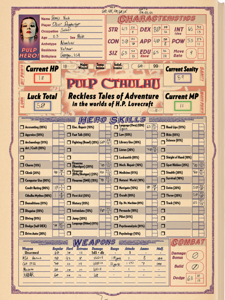 CHA23107 - Pulp Cthulhu - Character Sheet - Basic Autocalc | PDF