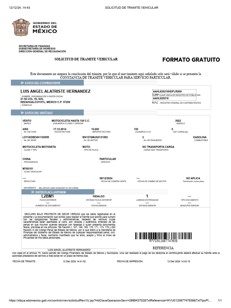 Solicitud de Trámite Vehicular Edomex | PDF | México