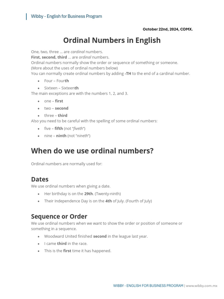 Understanding Ordinal Numbers in English | PDF