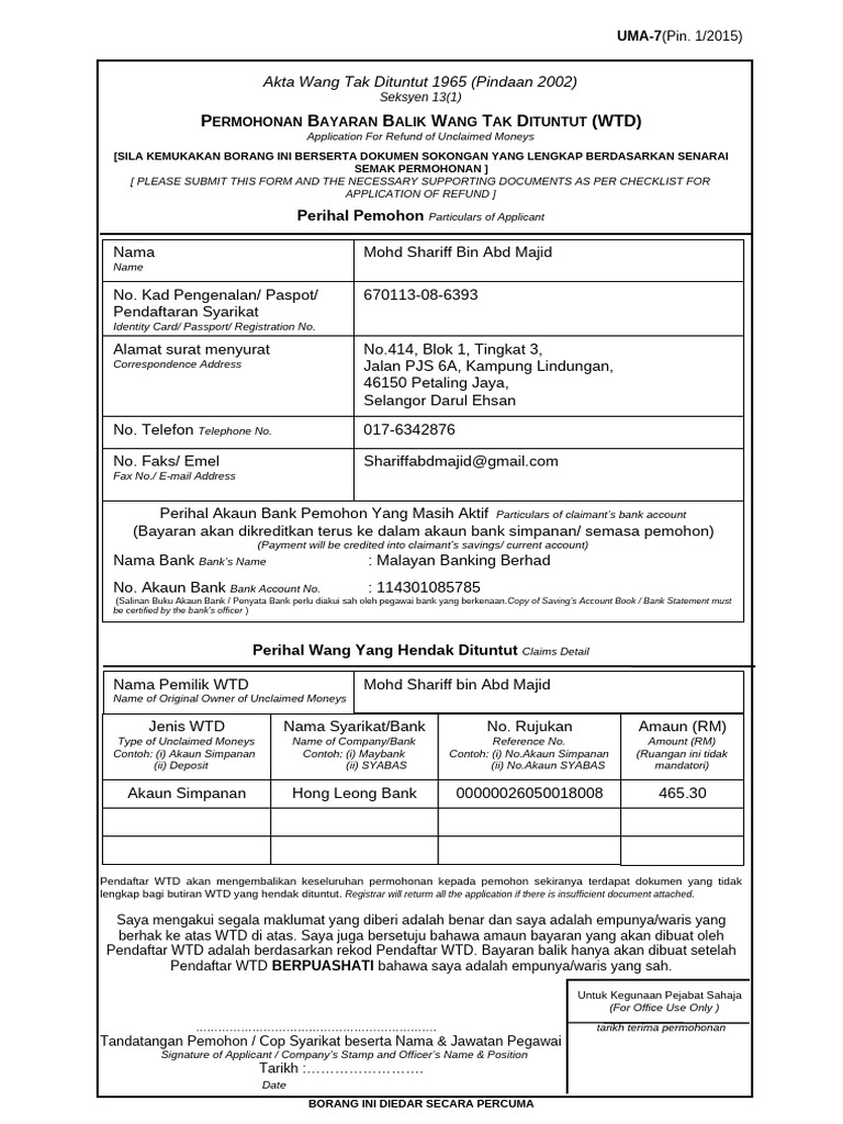 2.0 Borang Permohonan Bayaran Balik WTD (UMA-7) | PDF