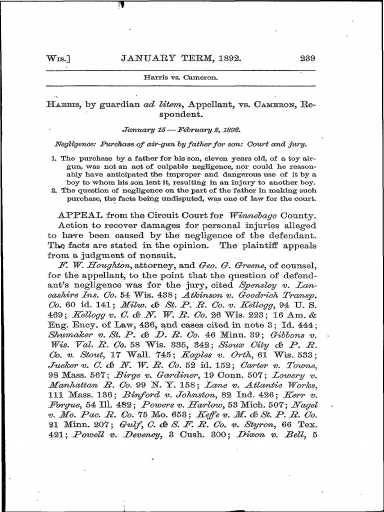 Harris v. Cameron, 81 Wis. 239 (1892) | PDF | Negligence | Virginia ...