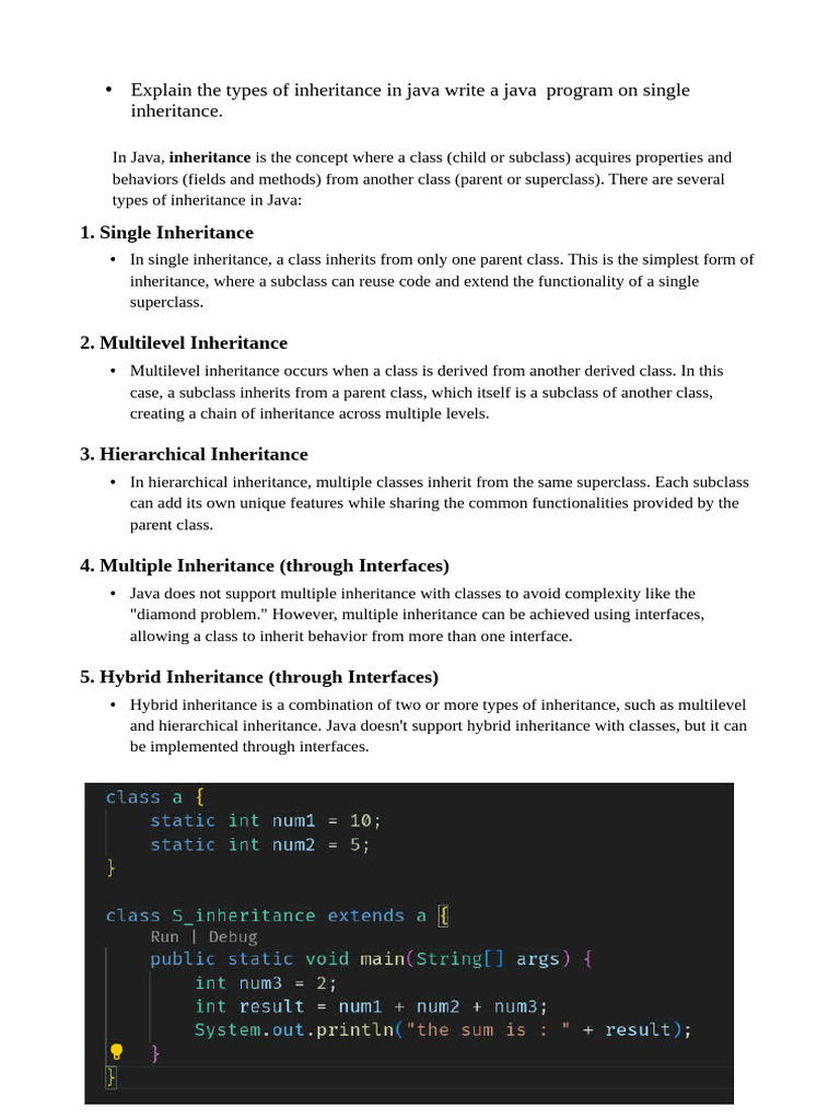 Explain The Types of Inheritance in Java Write A Java Program On Single Inheritance | PDF