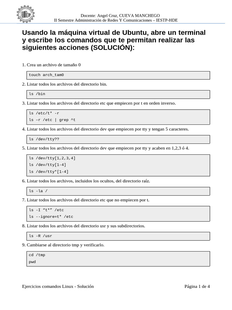 Ejercicios Comandos Linux Ubunto Solucion | PDF | Sistema de archivos | Archivo de computadora
