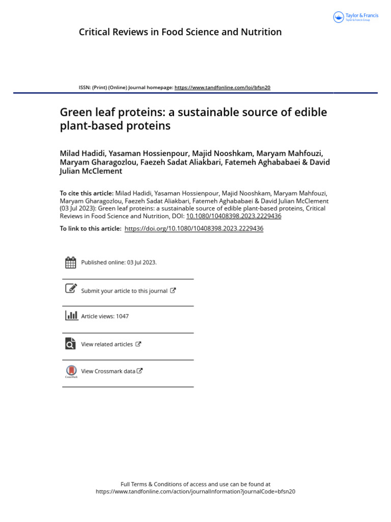 Green Leaf Proteins A Sustainable Source of Edible Plant-Based Proteins ...