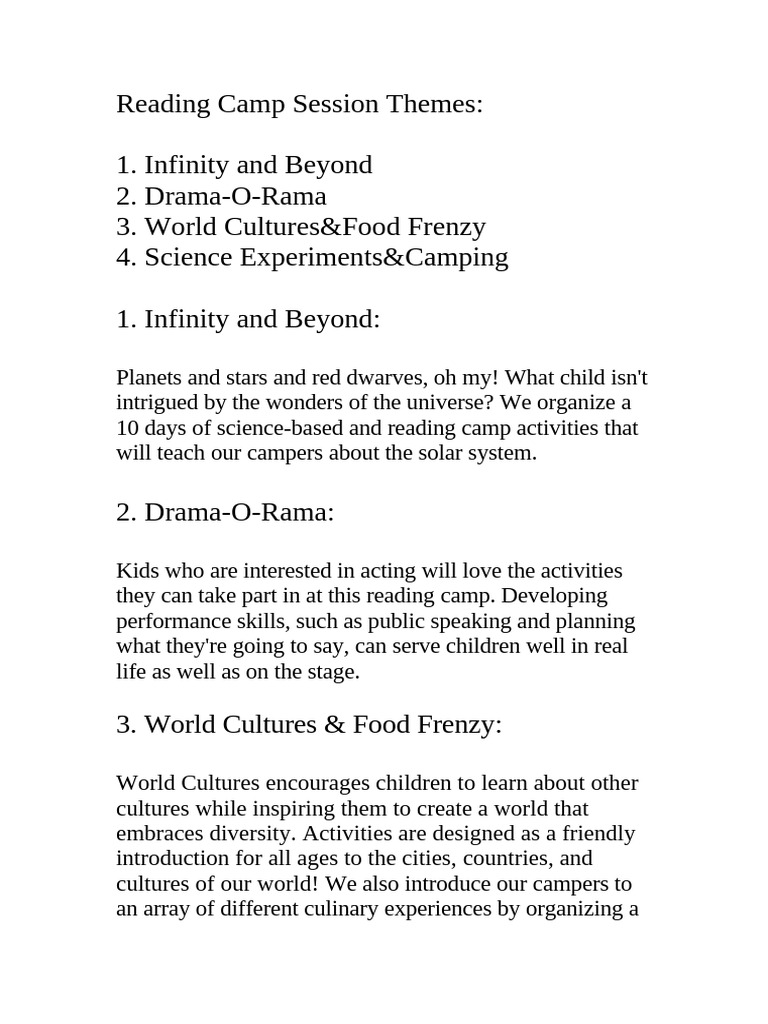 Reading Camp Session Themes | PDF