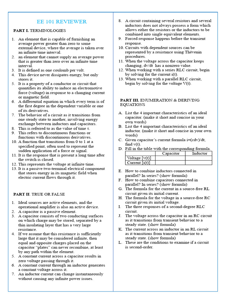 Ee 101 Reviewer | PDF | Capacitor | Electrical Network