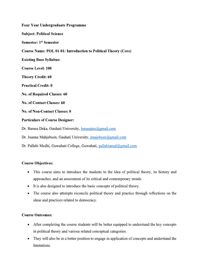 Political Science Syllabus FYUGP | PDF