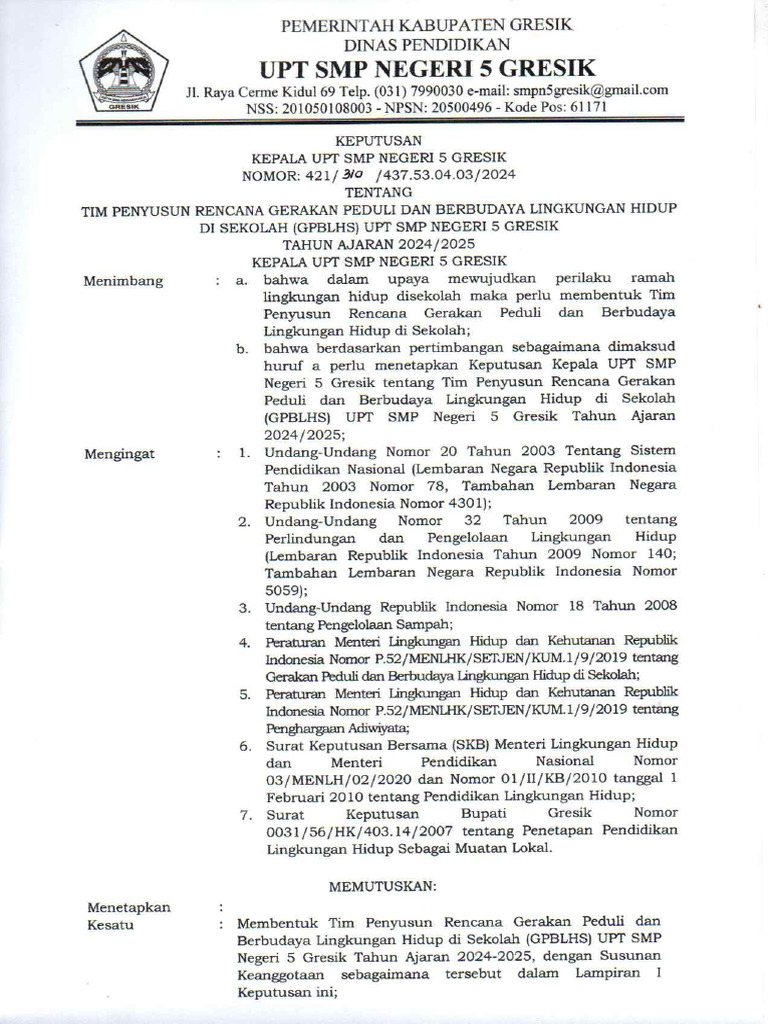 SK Tim Penyusun Rencana GPBLHS Upt SMPN 5 Gresik 2024-2025 | PDF