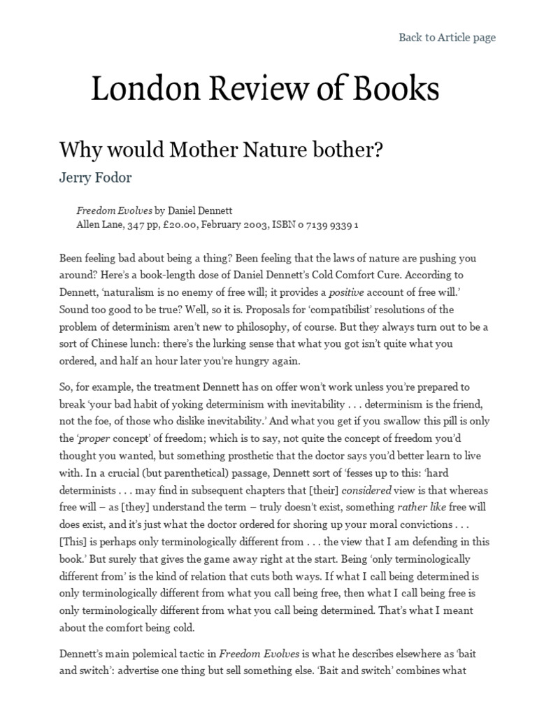 Jerry Fodor Freedom Evolves' by Daniel Dennett LRB 6 March 2003 | PDF ...