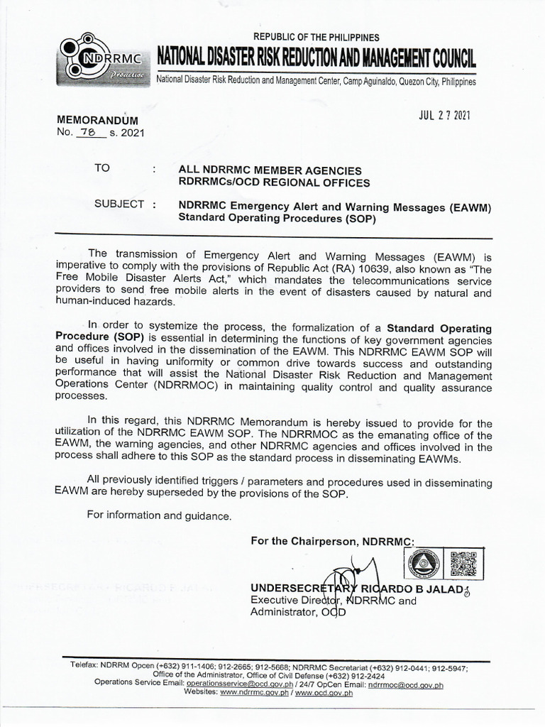 07 27 21 NDRRMC Memo No 78 S. 2021 NDRRMC Emergency Alert and Warning ...