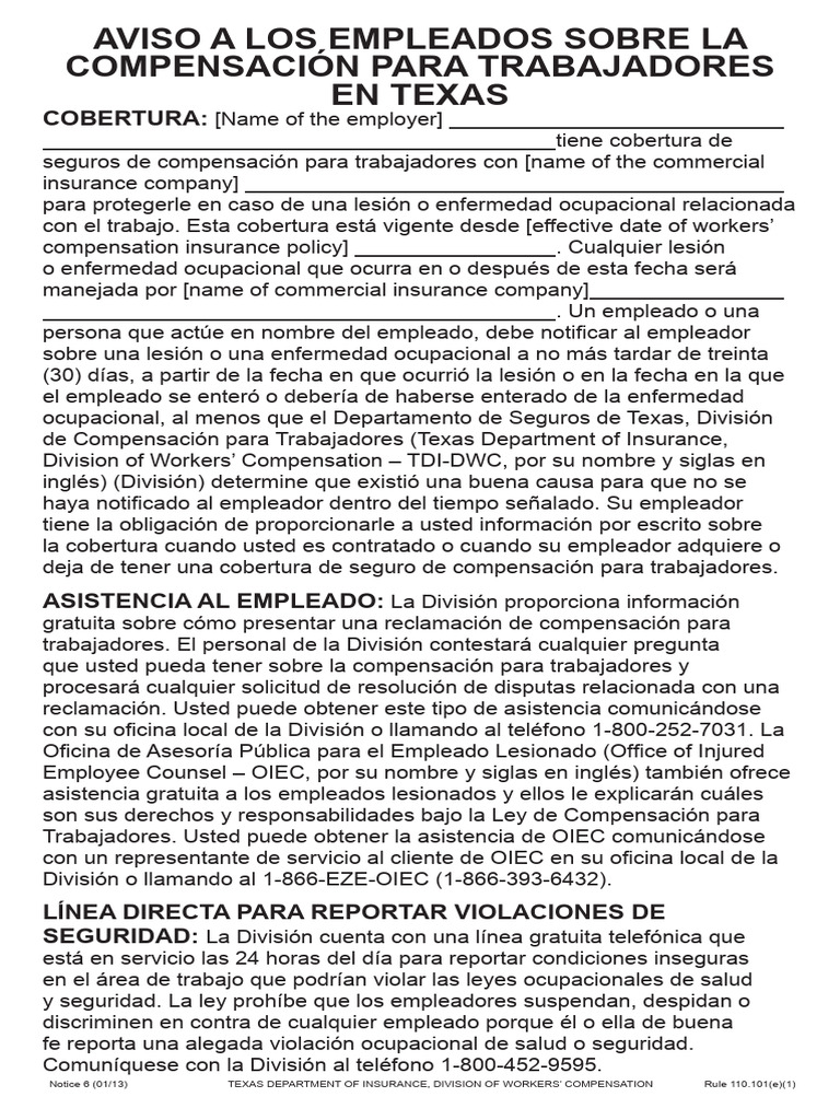 Texas Department of Insurance - NOTICE TO EMPLOYEES CONCERNING WORKERS ...