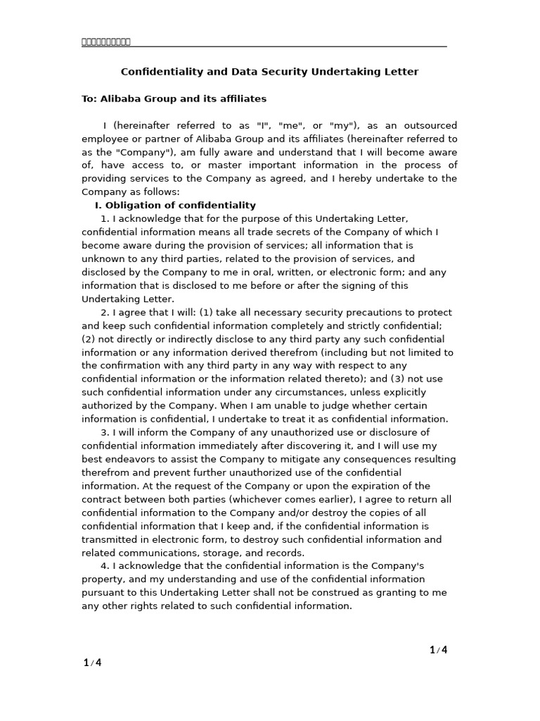 Confidentiality and Data Security Undertaking (Non Chinese Mainland Edition) | PDF ...