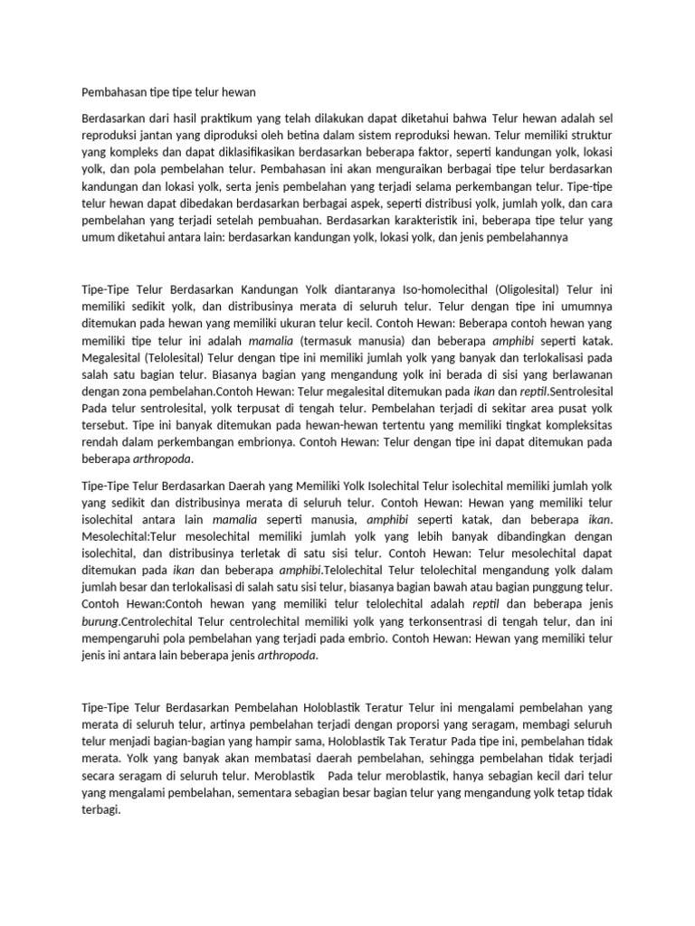 Pembahasan Tipe Tipe Telur Hewan | PDF