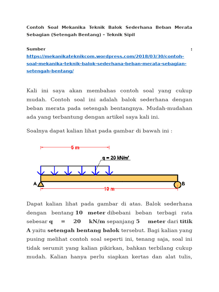 Contoh Soal Balok Sederhana Beban Merata | PDF