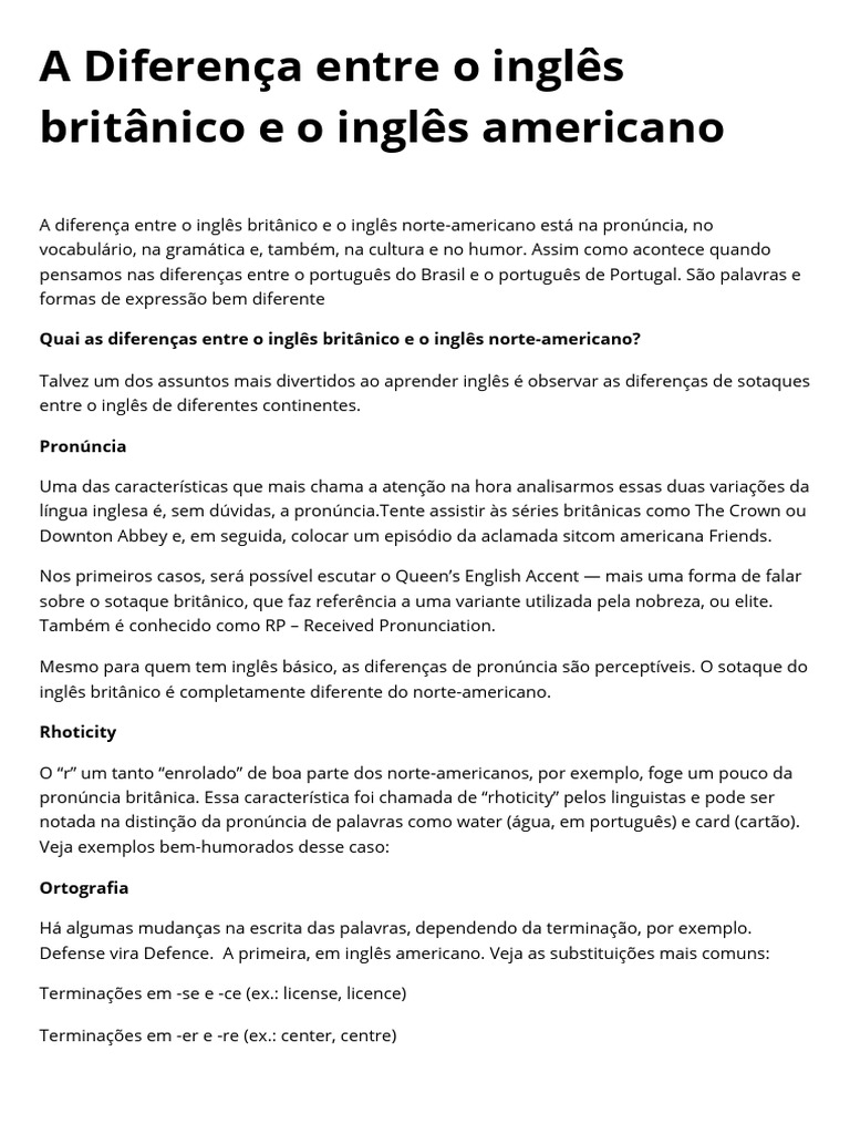 Diferenças entre inglês britânico e americano | PDF | Língua inglesa ...