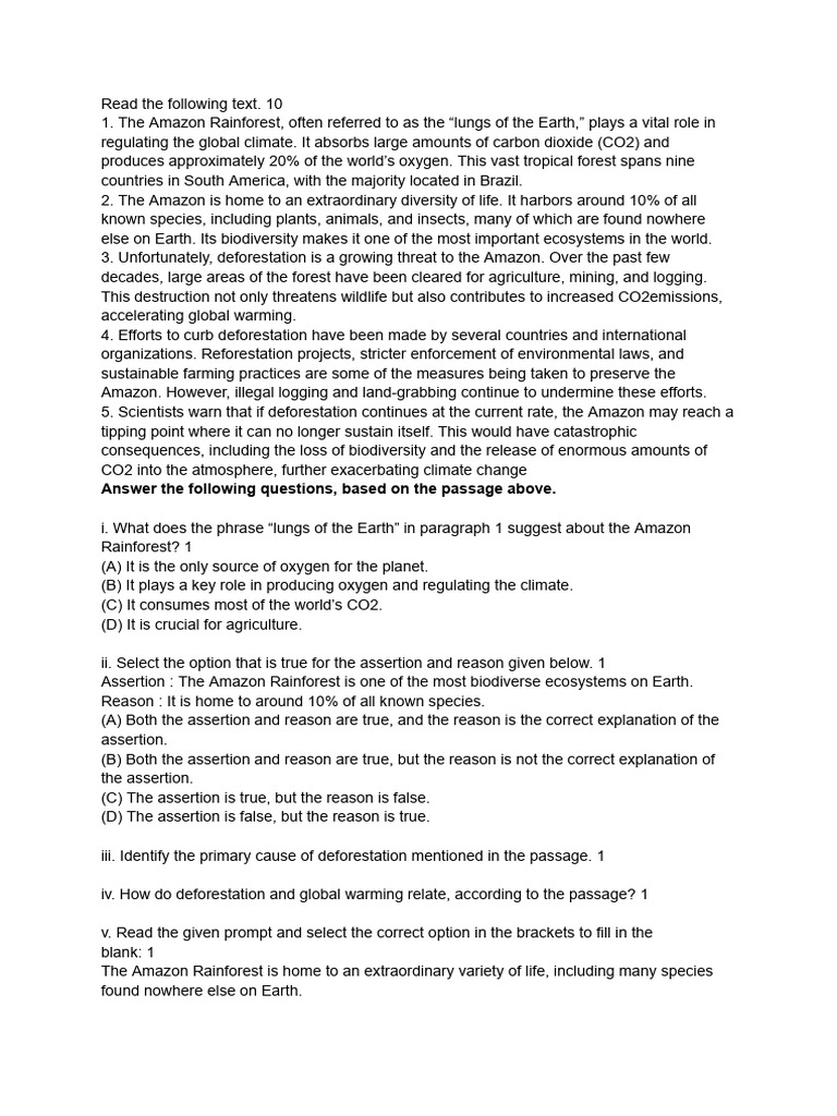 Reading Passage For Practice | PDF | Amazon Rainforest | Deforestation