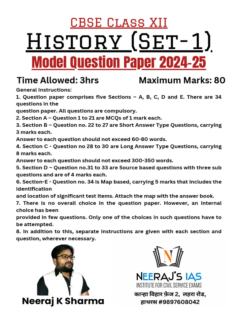 CBSE Class XII History Model Paper 2024-25 | PDF