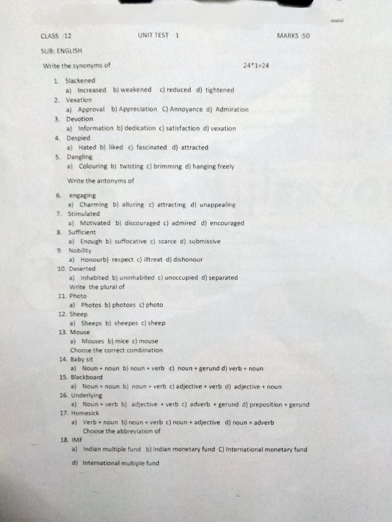 12th English Unit Test 1 Model Question Paper | PDF | Adjective | Noun