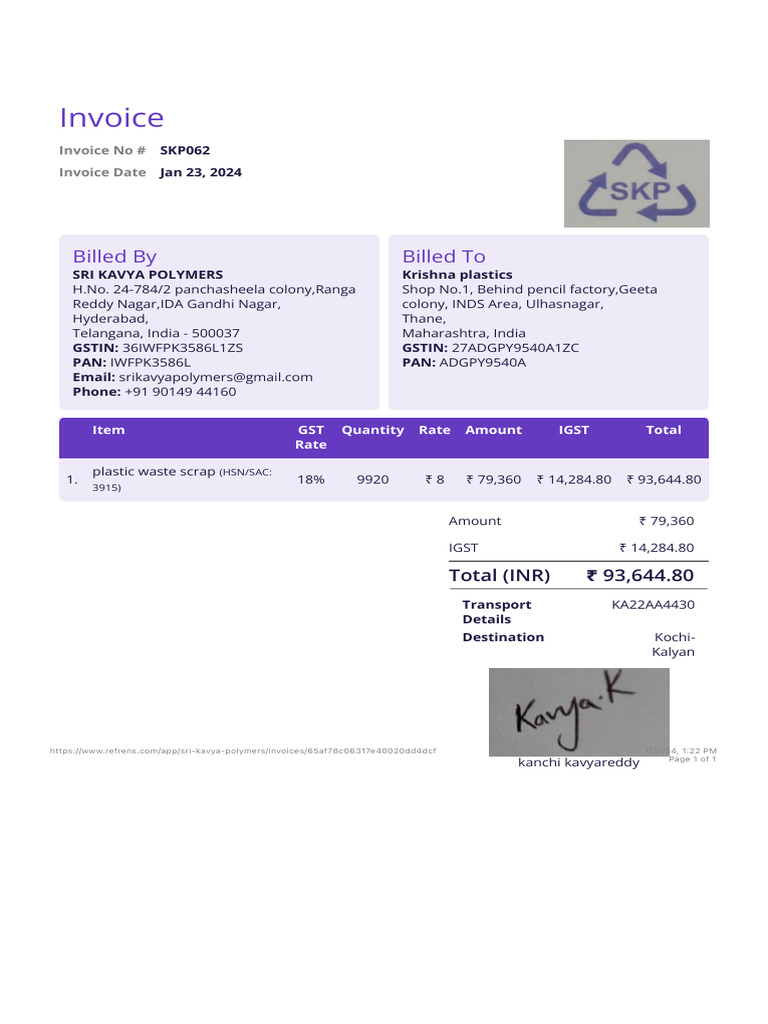 Invoice for Plastic Waste Scrap Sale | PDF