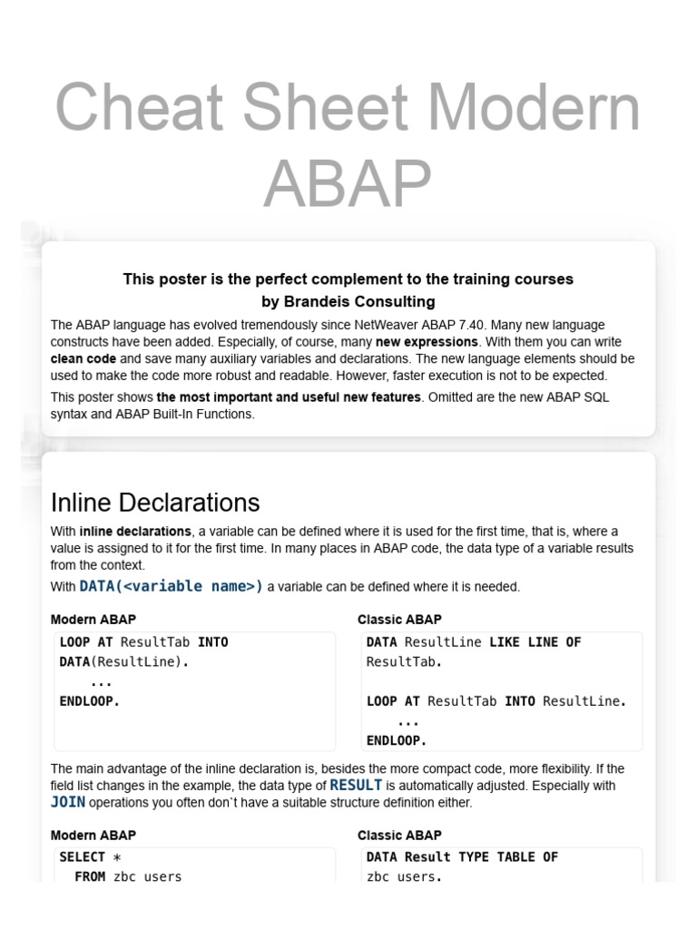 Cheat Sheet - Modern ABAP | PDF | Data Type | Computer Data Cheat Sheet - Modern ABAP | PDF | Data Type | Computer Data