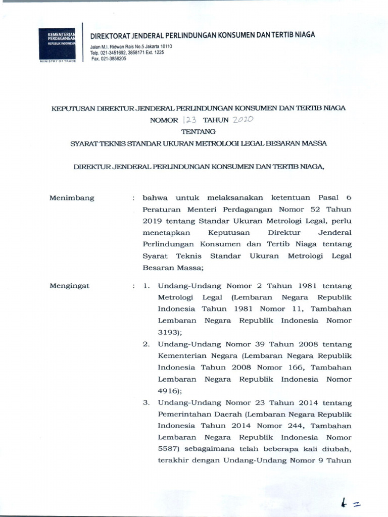 SK Dirjen PKTN No.123 Tahun 2020 TTG ST SUML Besaran Massa (Fix) | PDF