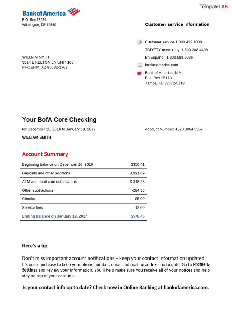 Your Bofa Core Checking: Account Summary | PDF