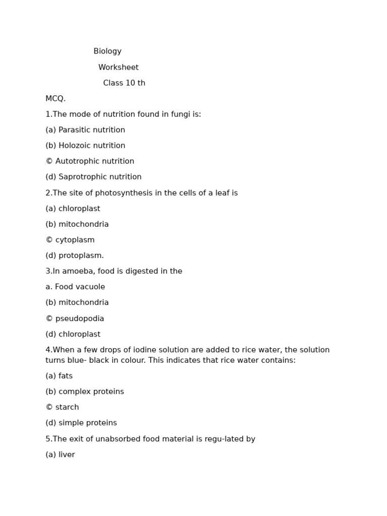 Class 10 Biology MCQ Worksheet | PDF | Nutrition | Diet & Nutrition