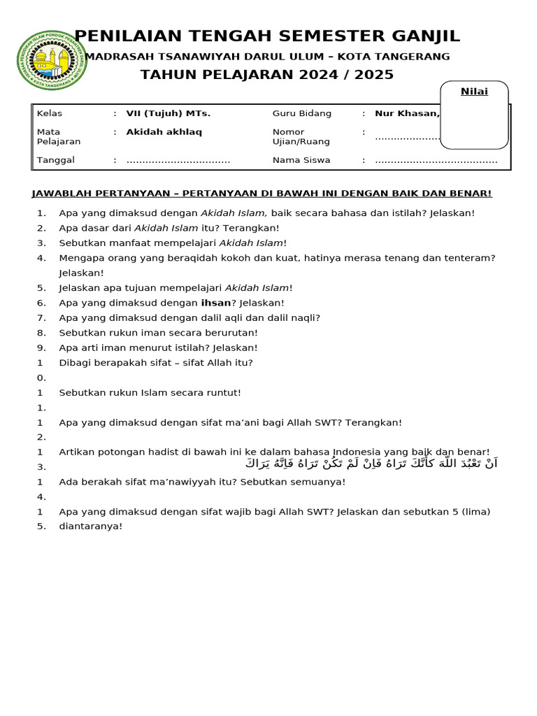 Soal Akidah Akhlaq PTS Ganjil TA 2024-2025 (Kelas 7 MTS) | PDF