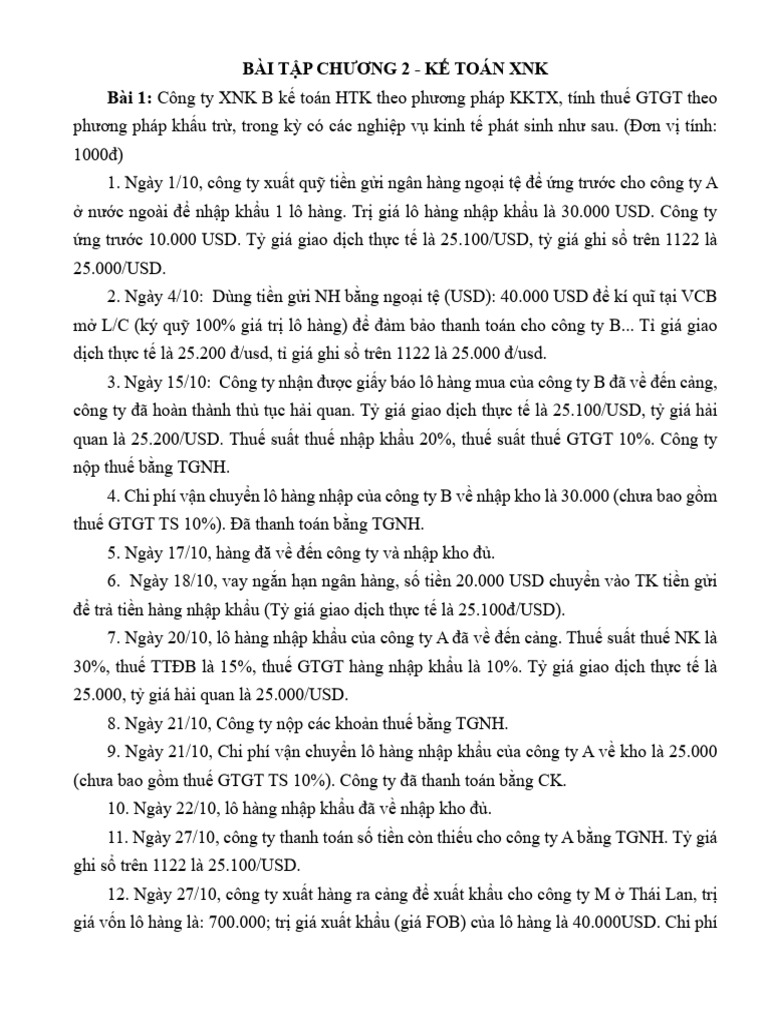 Bài Tập Chương 2 Xnk Gửi Sv | PDF