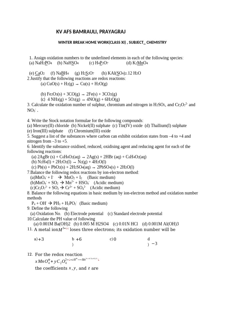 Winter Break Home Work (Xi) | PDF