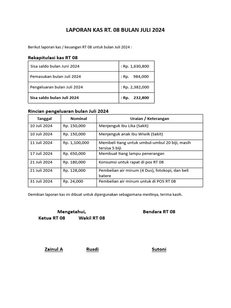 LAPORAN KAS RT - BULAN JULI 2024 | PDF