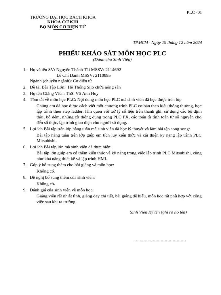 Phieu Khao Sat Mon Hoc PLC | PDF