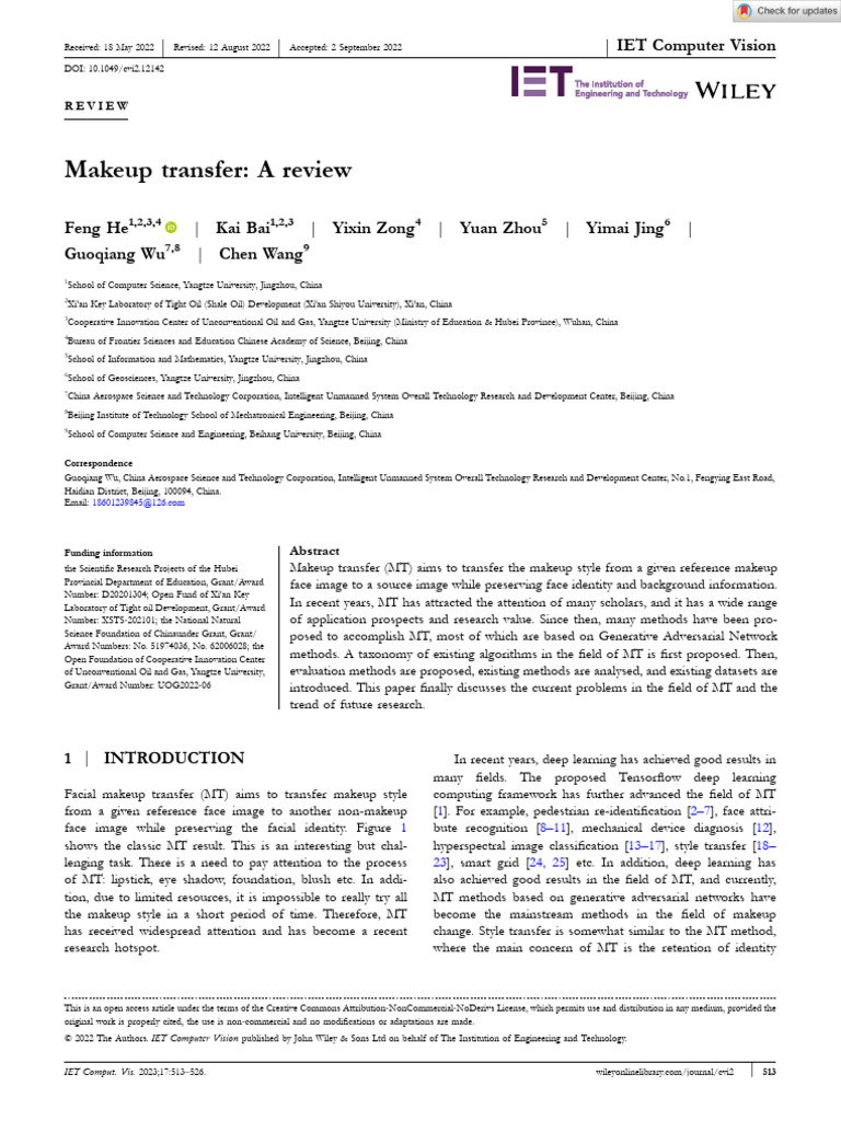 IET Computer Vision - 2022 - He - Makeup Transfer A Review | PDF | Deep Learning