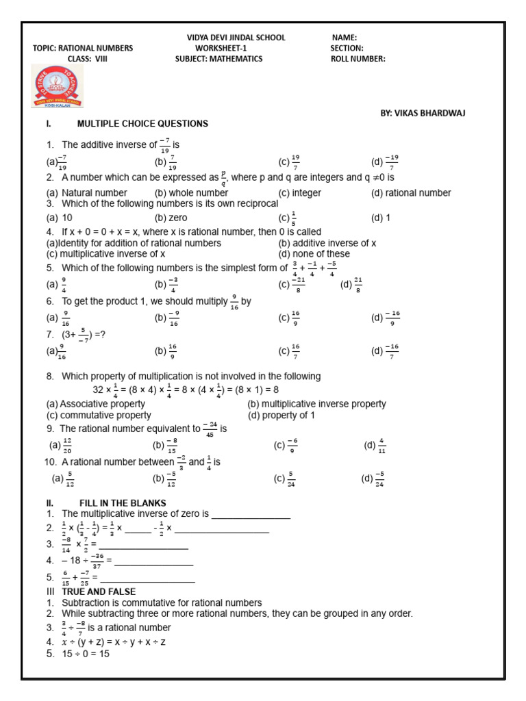 Rational Numbers Worksheet for Class VIII | PDF | Multiplication ...