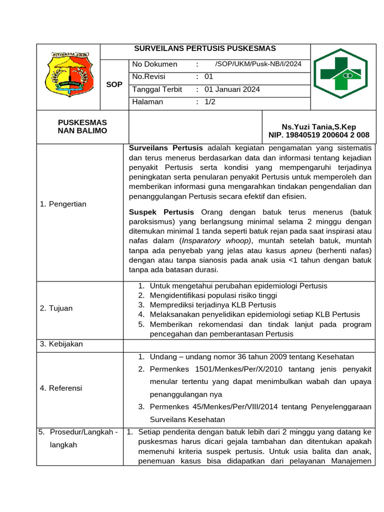 SOP Surveilans Pertusis Puskesmas 2024 | PDF