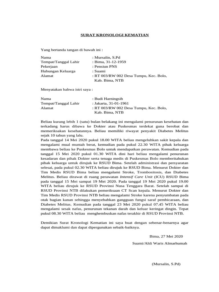 Surat Kronologi Kematian Almarhumah Budi | PDF