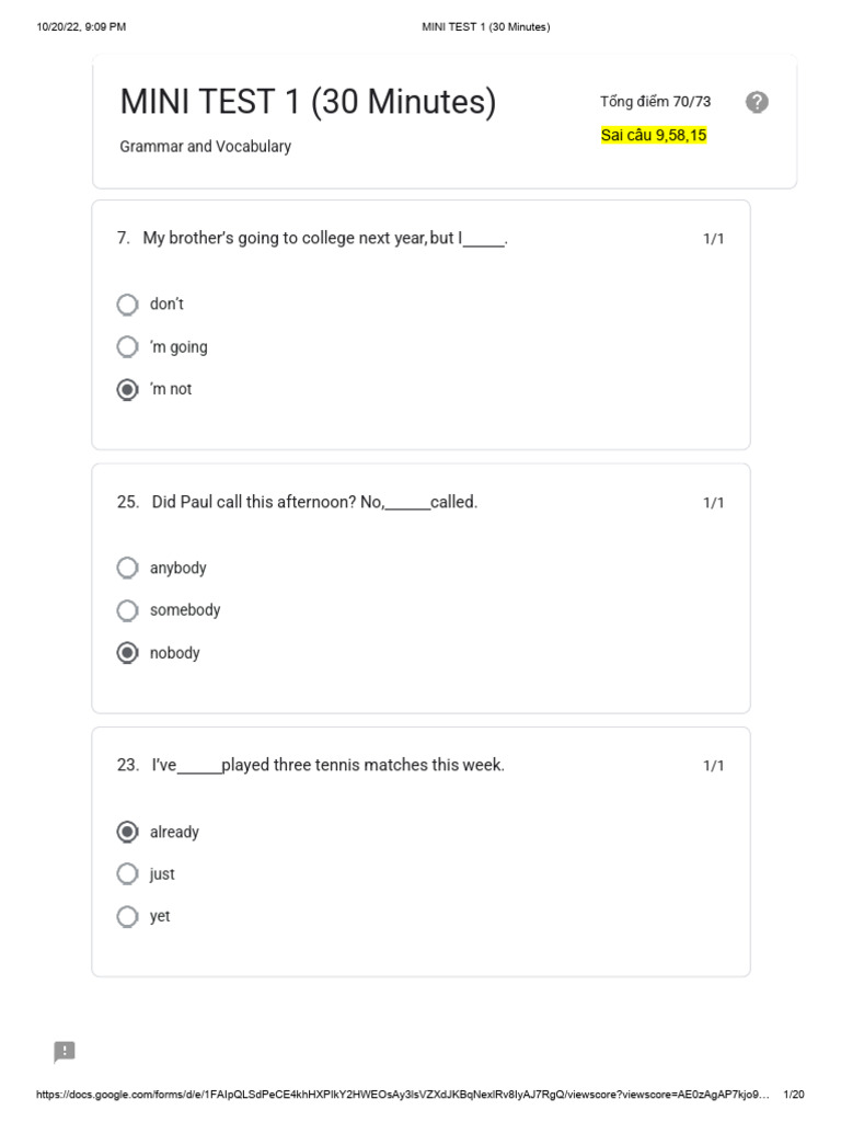 MINI TEST 1 (30 Minutes) 70 | PDF