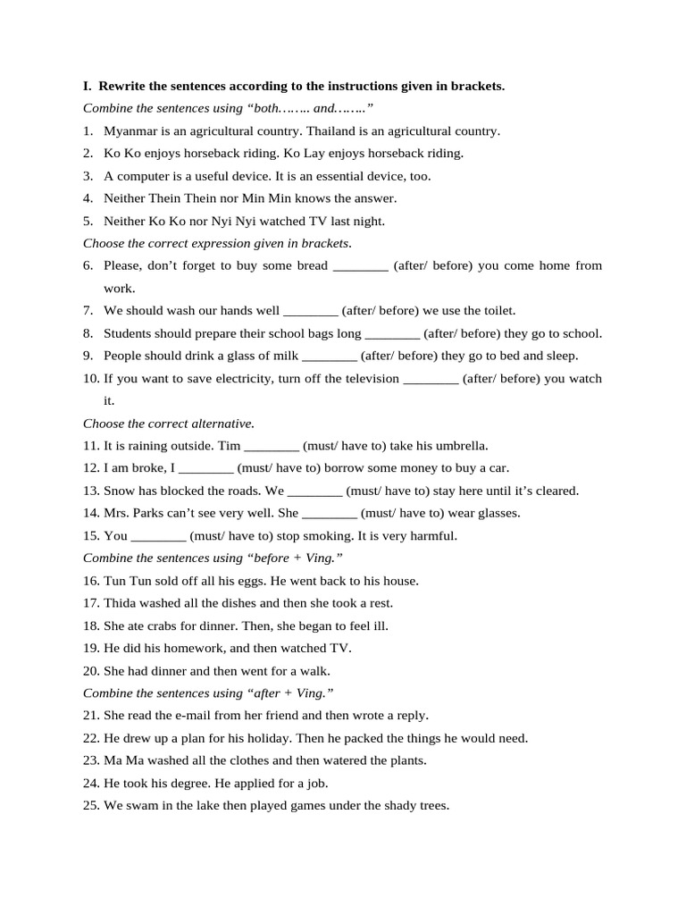 Sentence Combination and Grammar Exercises | PDF
